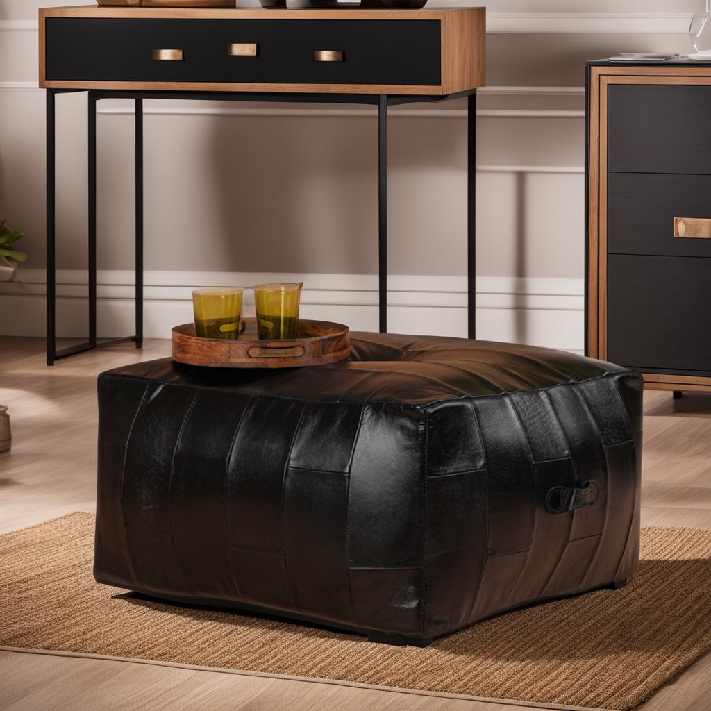 Square Shaped Buffalo Leather Handmade Eco-Friendly Black Pouf - Square ...