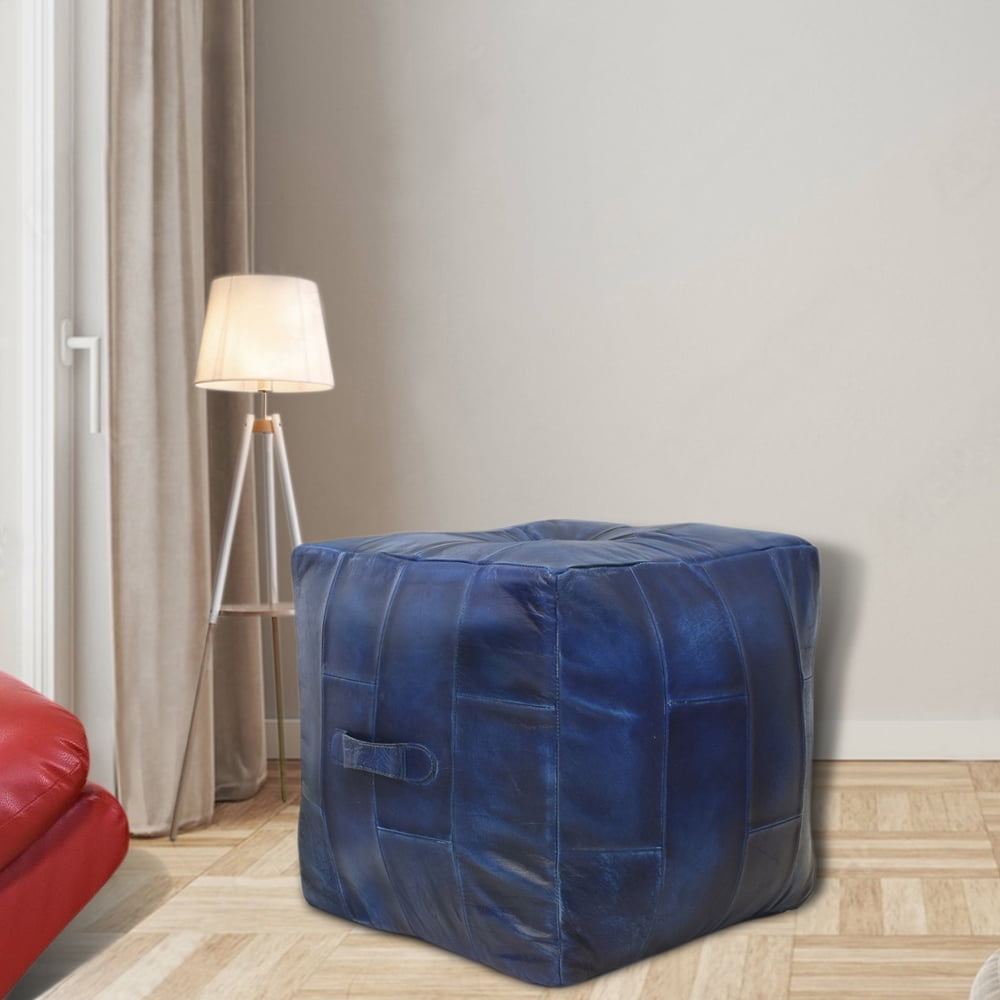 Square Shaped Buffalo Leather Handmade Eco-Friendly Vintage Blue Pouf ...