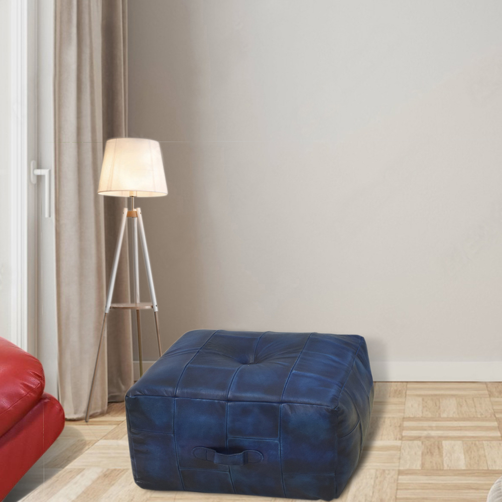 Square Shaped Buffalo Leather Handmade Eco-Friendly Vintage Blue Pouf ...