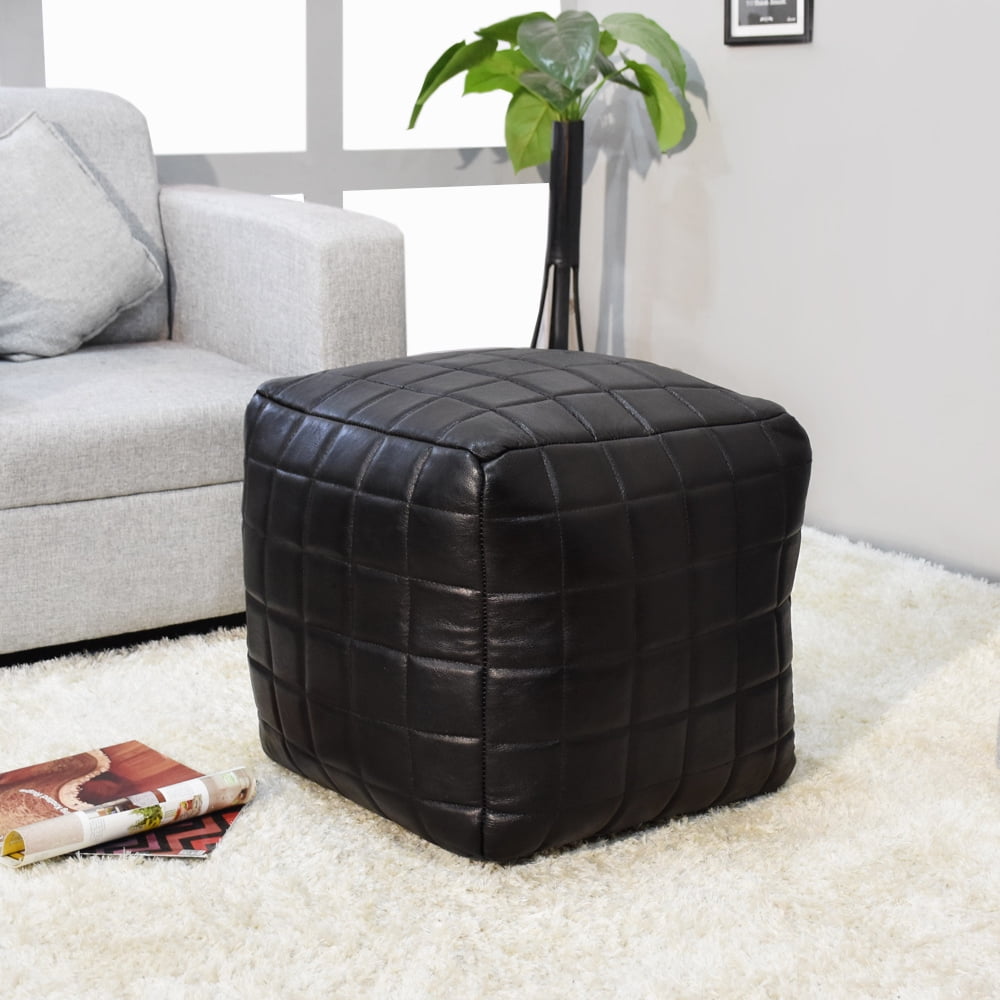 Square Shaped Goat Leather Handmade Eco-Friendly Black Pouf - Square ...
