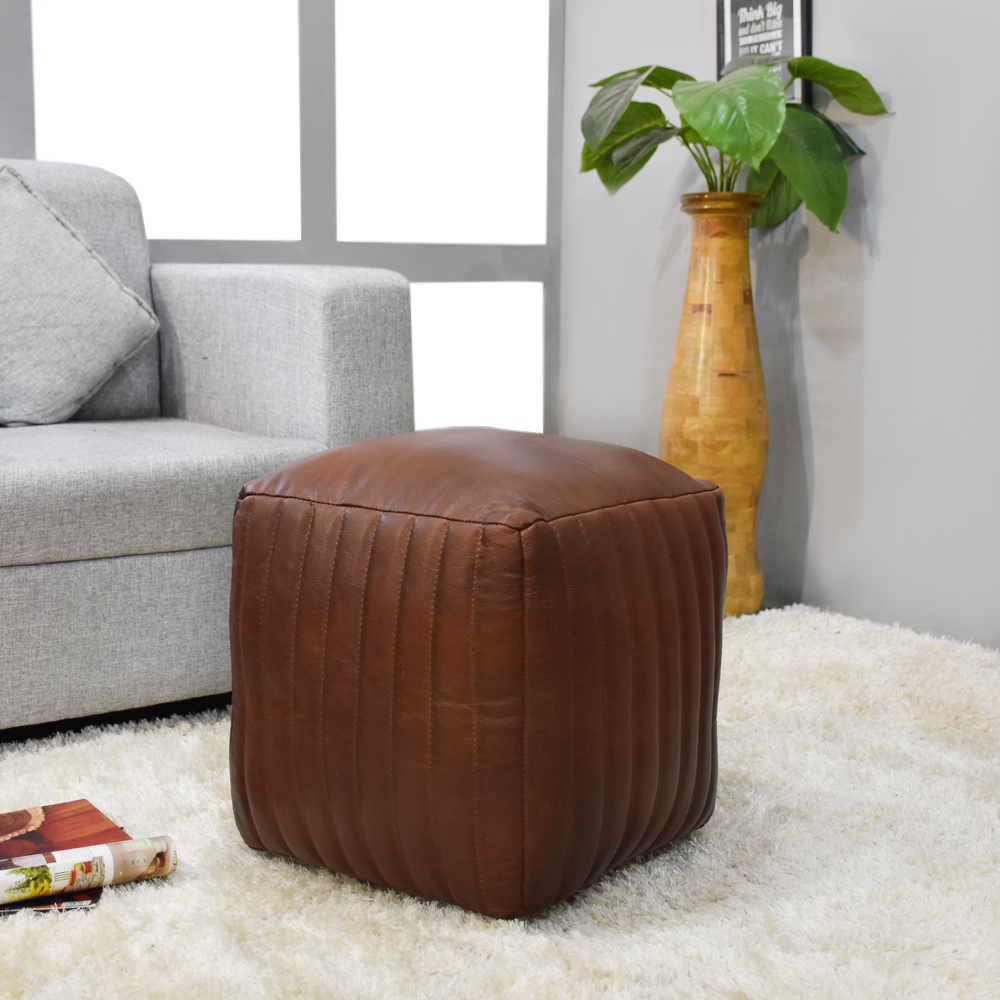 Square Shaped Goat Leather Handmade Eco-Friendly Brown Pouf - Square ...