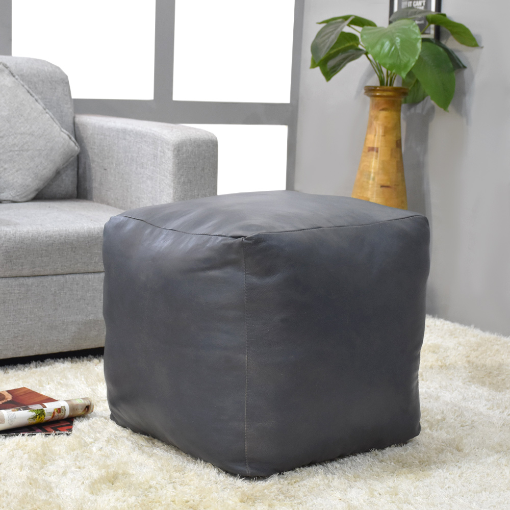 Square Shaped Goat Leather Handmade Eco-Friendly Gray Pouf - Square ...