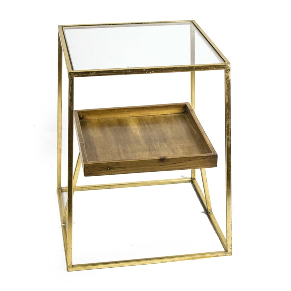 Square Shaped Metal Accent Table With Wooden Shelf, Gold - Walmart.com