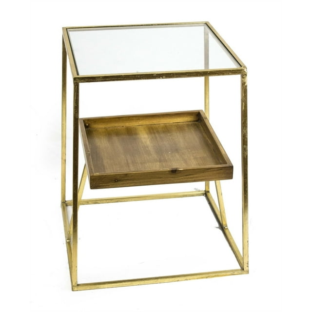 Square Shaped Metal Accent Table With Wooden Shelf, Gold - Walmart.com
