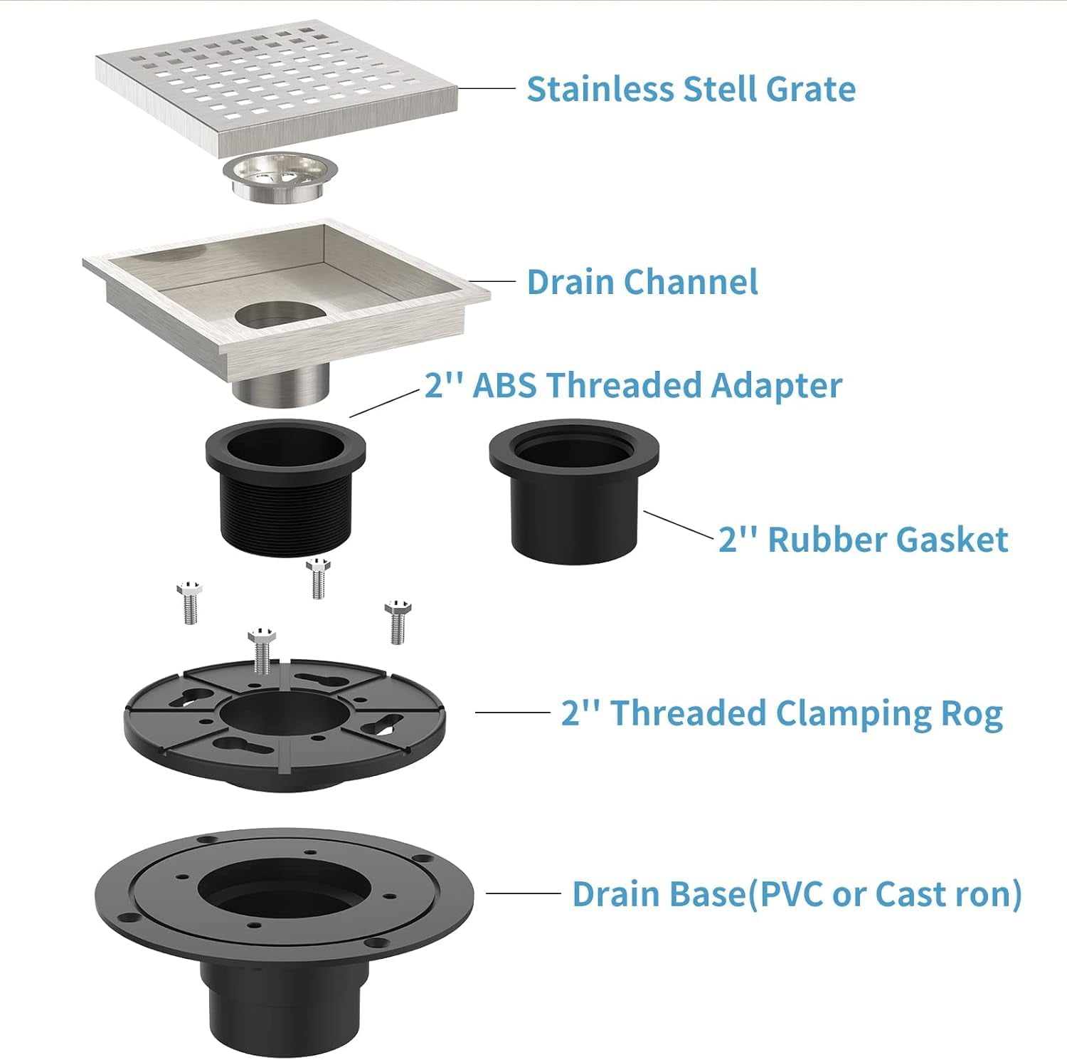 Square Shower Floor Drain, Brushed Nickel High Flow Shower Drain Kit ...