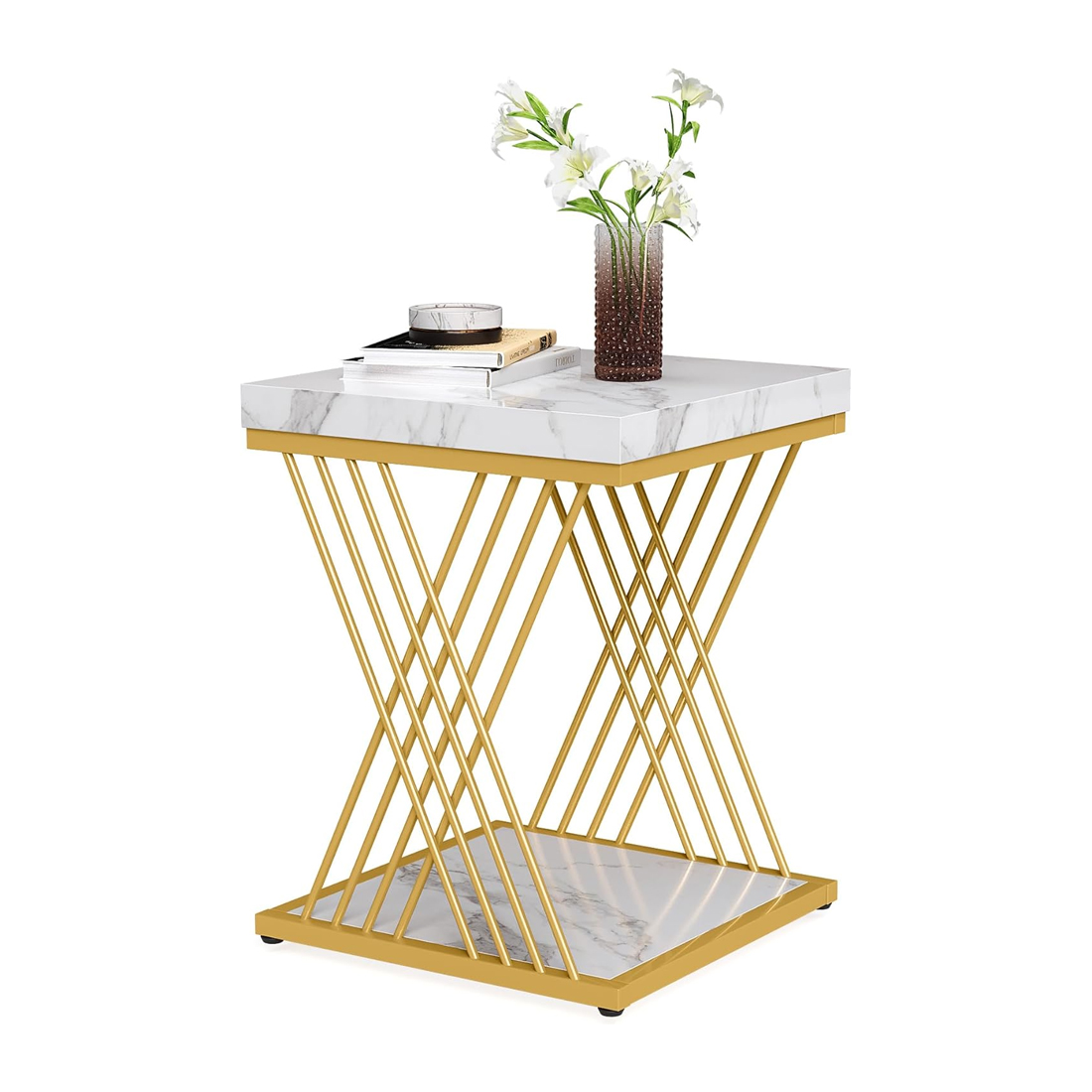 Square Side Table Faux Marble Golden End Table 2-Tier End Table Modern ...