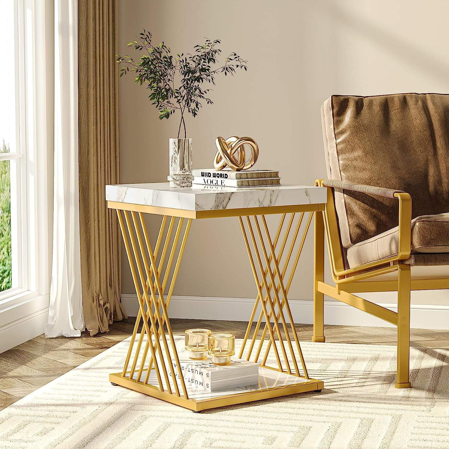 Square Side Table White Gold End Table 2-Tier End Table Modern Bedside ...