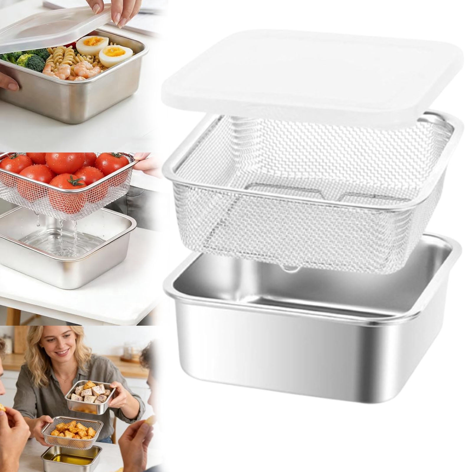 Square Stainless Steel Colander Set with Lid, 2 in 1 Strainer for ...