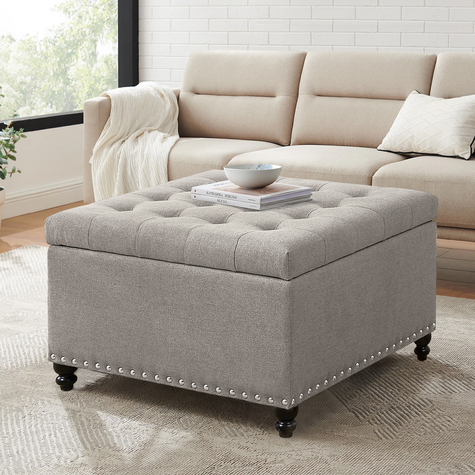 Button Tufted Storage Ottoman with Nailhead, Gray Color - Walmart.com