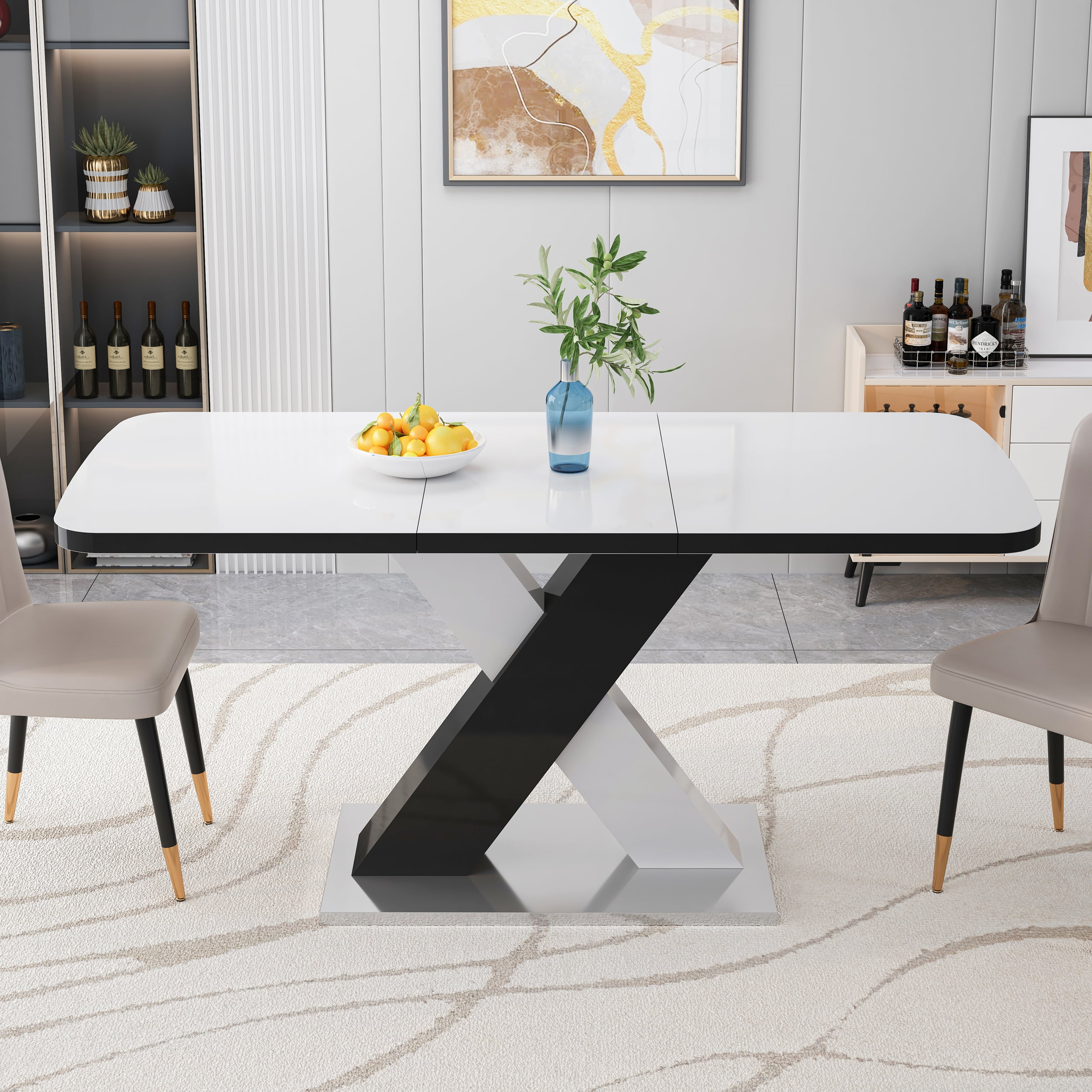 Square Stretchable Dining Table, White Table Top+MDF X-Shape Black and ...