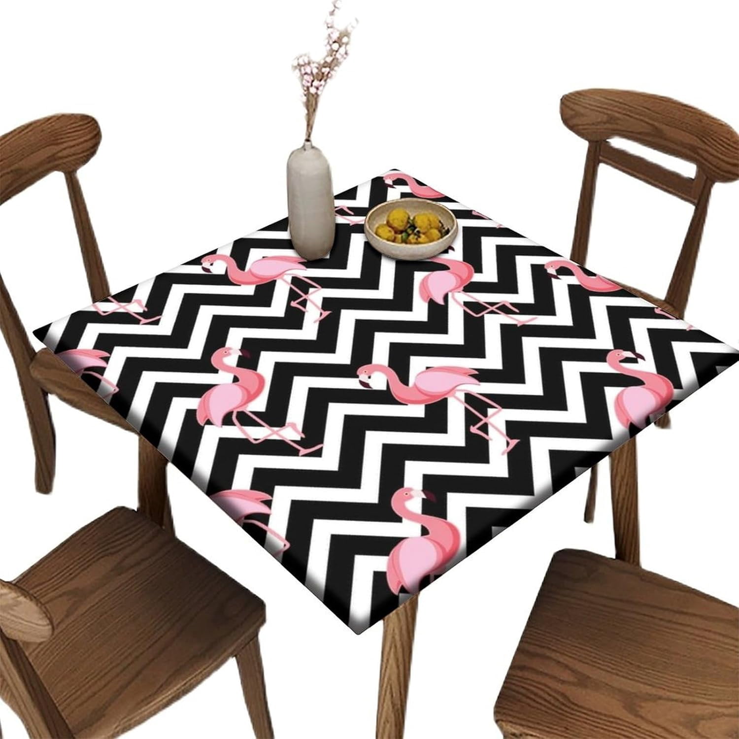 Square Stretchable Elastic Edge Tablecloth, Retro Flamingo Chevron ...