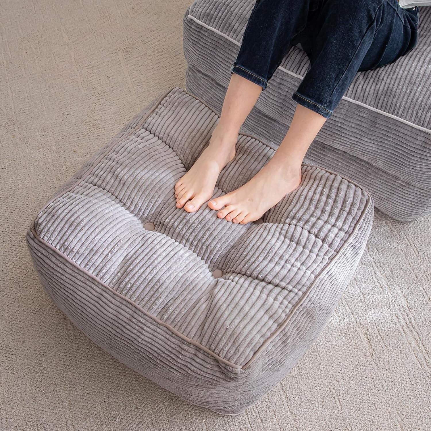 Square Stuffed Pouf Ottoman, Corduroy Poufs with Foam Chunk Filling ...