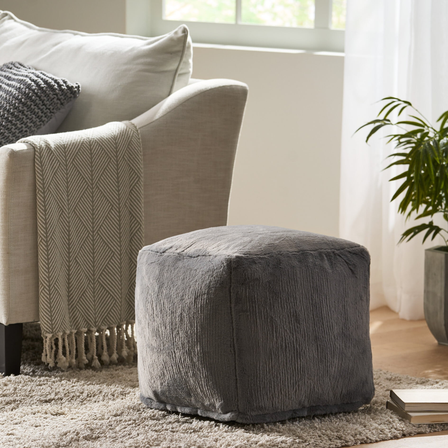 Square Stuffed Pouf Ottoman, Faux Fur Cube Pouf, Sherpa Foot Stool with ...