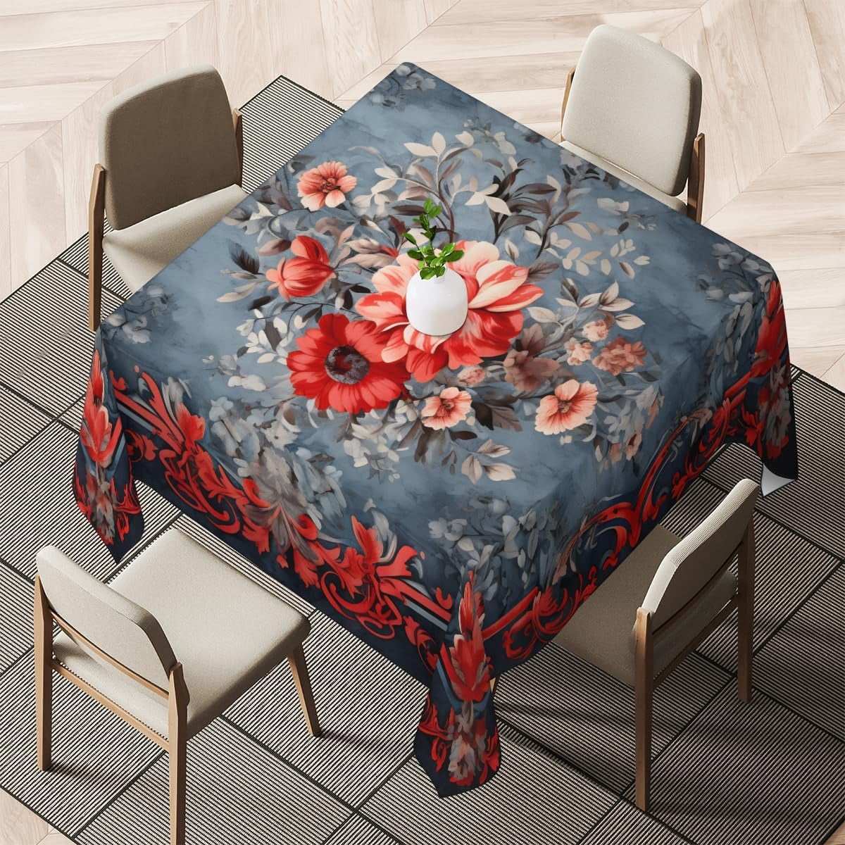 Square Tablecloth 52x52 inch Red Blue Vintage Retro Boho Flower Floral ...