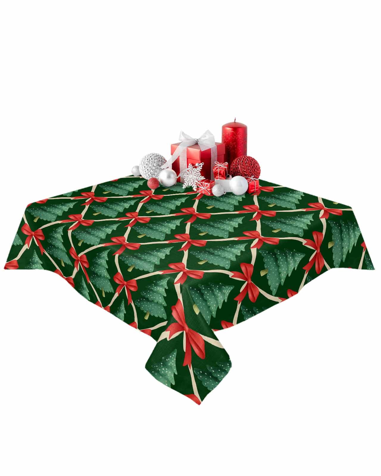 Square Tablecloth 54 x 54 Inches Christmas Tree Red Butterflies Green ...