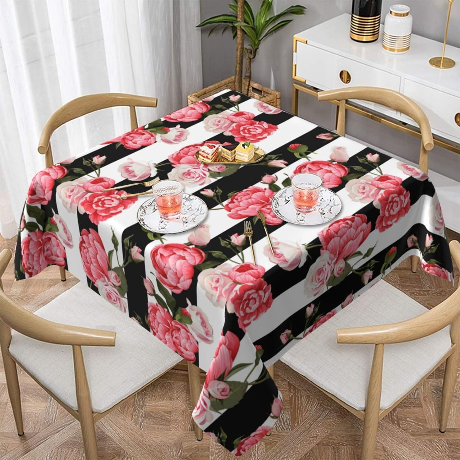 Square Tablecloth 60x60 Inch, Black White Striped Flowers Polyester ...