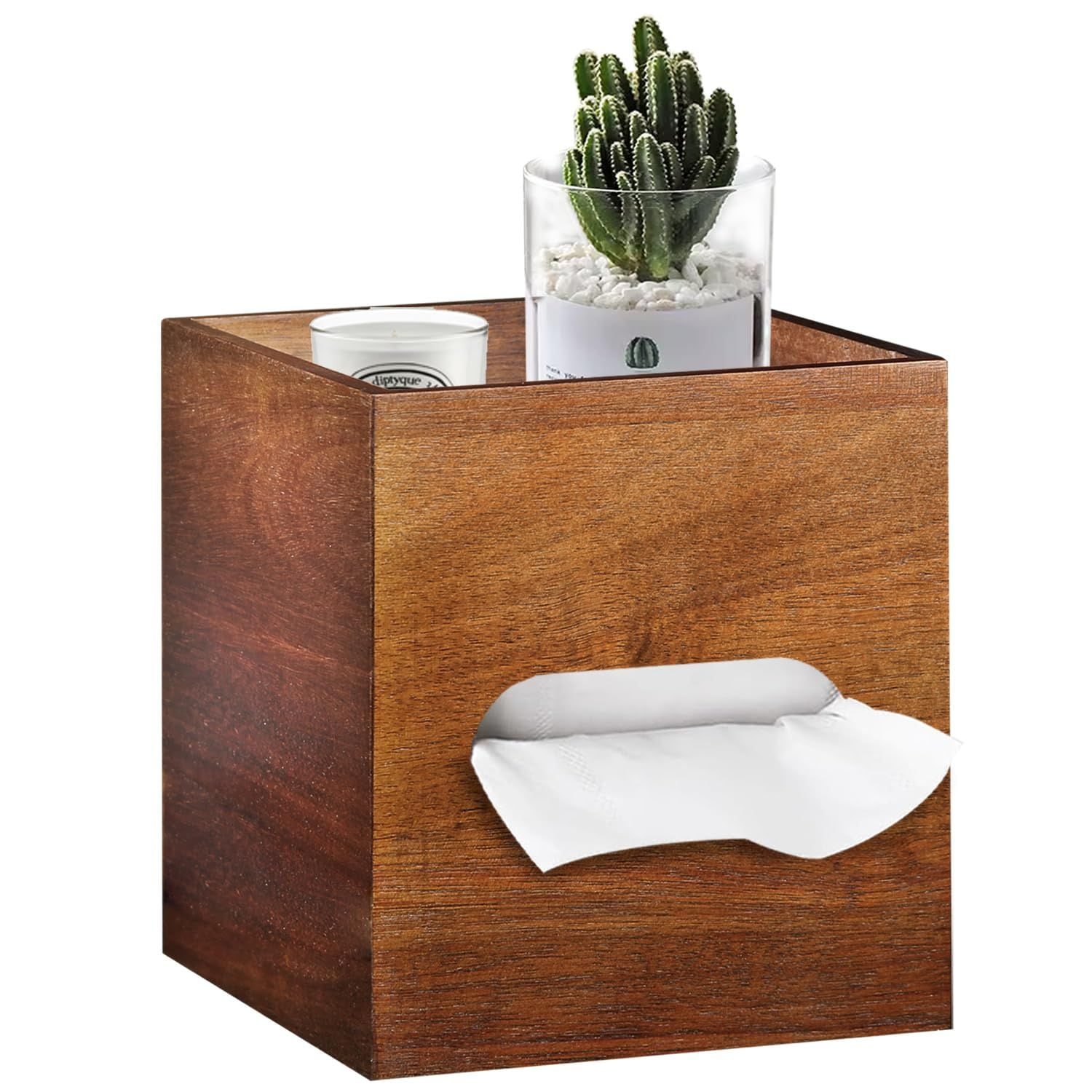 Square Tissue Box Cover with Storage Tray, Acacia Wood Tissue Box ...