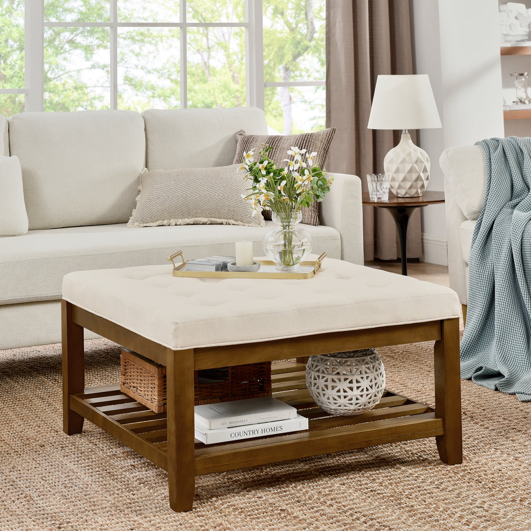 Square Upholstered Tufted Linen Ottoman Coffee Table with Open Storage ...