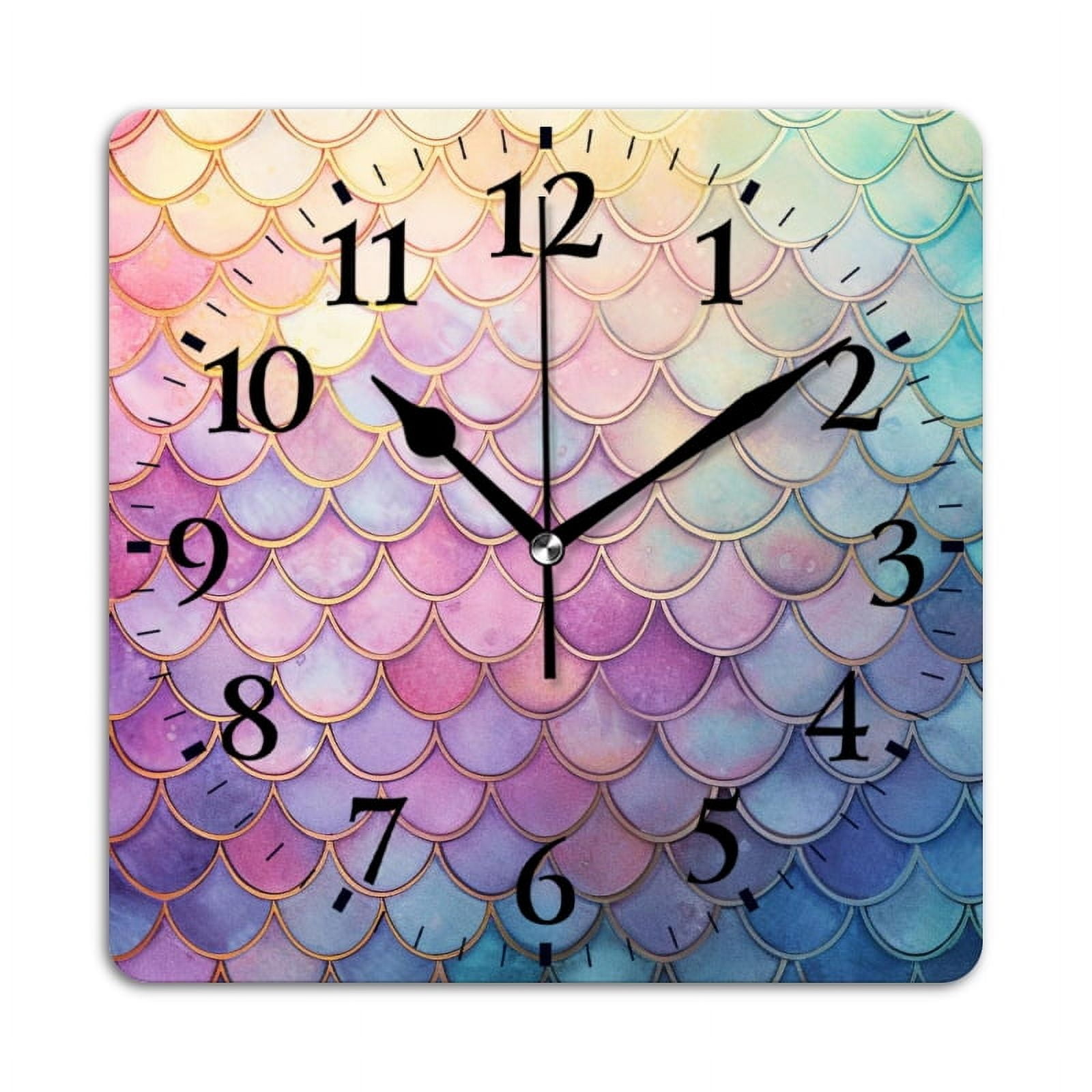 Square Wall Clock,Beautiful Mermaid Scales Pattern With Pastel Rainbow ...