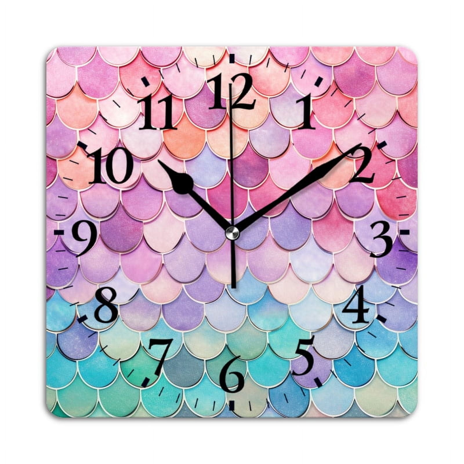 Square Wall Clock,Beautiful Pastel Rainbow Mermaid Scales,Silent Non ...
