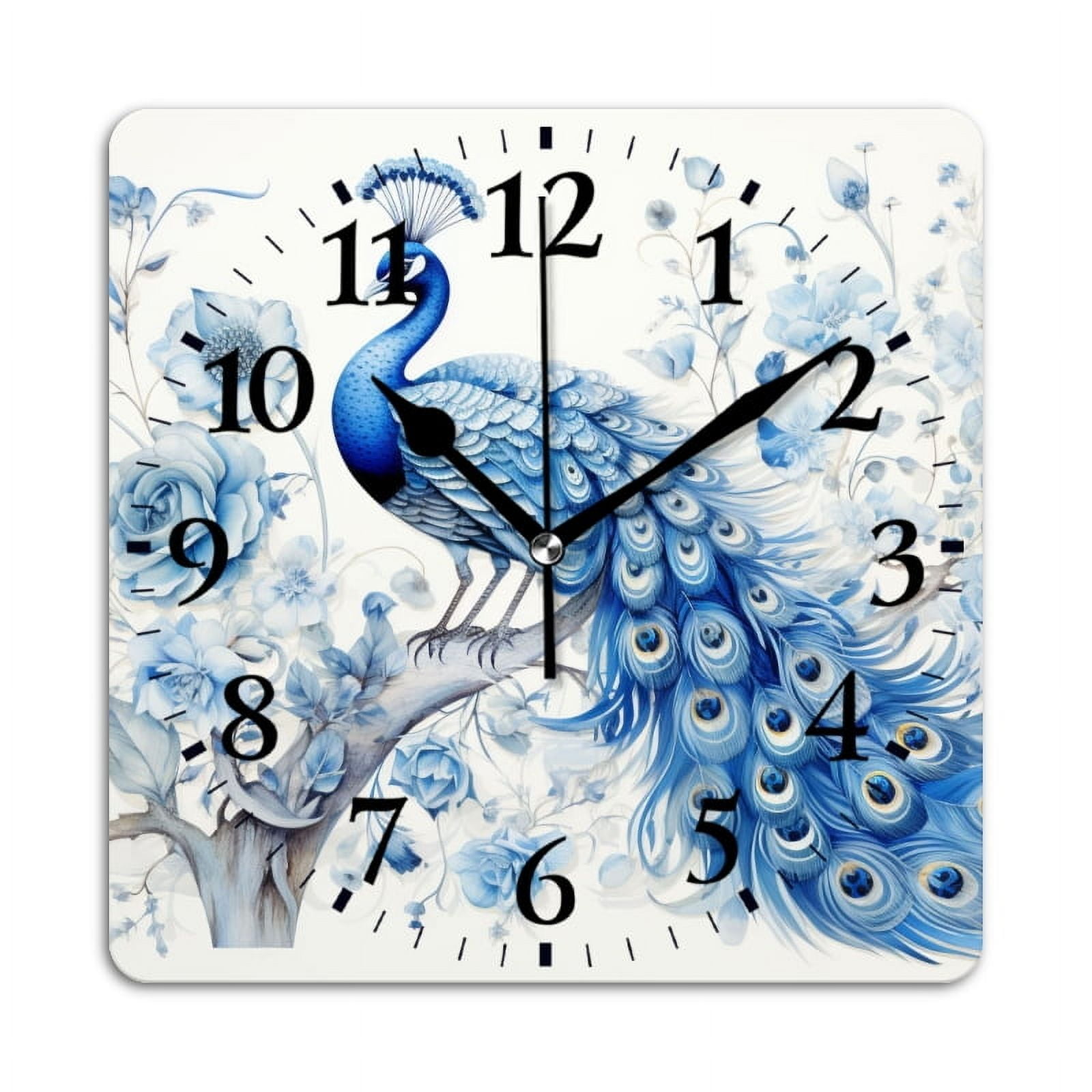 Square Wall Clock,Blue And White Porcelain-Style Peacock, SurSquareed ...