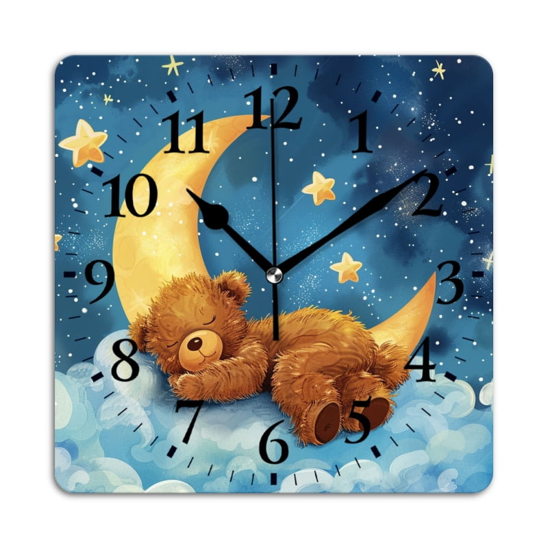 Square Wall Clock,Cute Teddy Bear Sleeping On The Crescent Moon,Silent ...