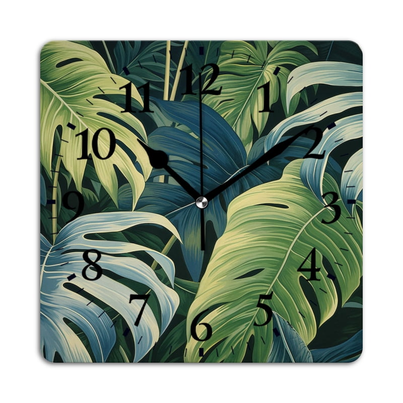 Square Wall Clock,Detailed Illustration Of Monstera Leaves,Silent Non ...