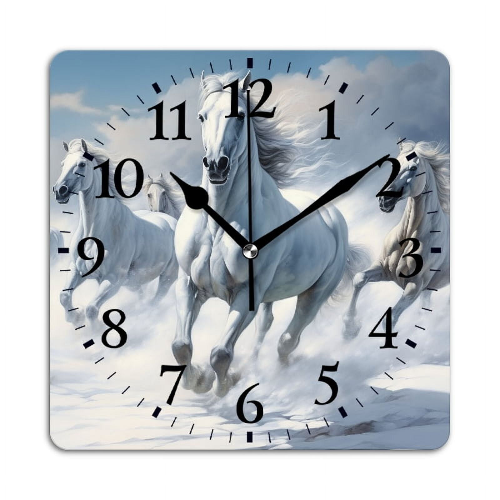 Square Wall Clock,Group Of White Horses Galloping In The Snow,Silent ...