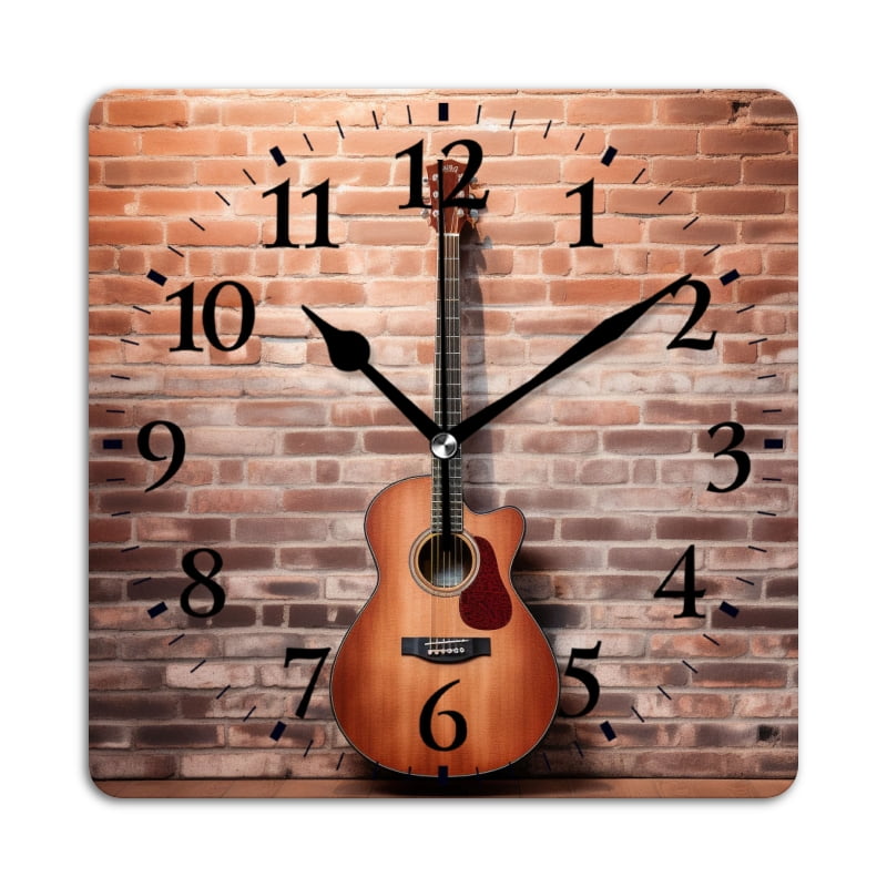 Square Wall Clock,Guitar Leaning Against The Wall On Wooden Floor ...