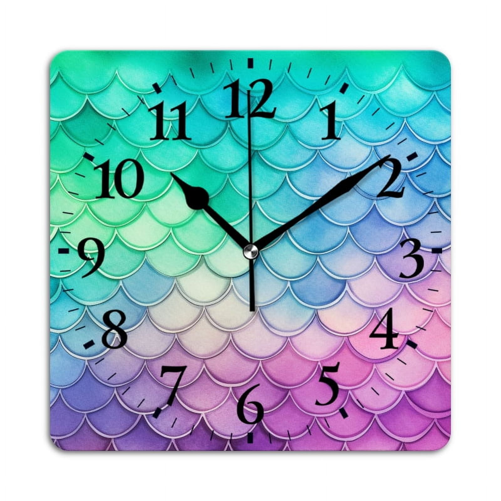 Square Wall Clock,Mermaid Scales Pattern With Rainbow Pastel Colors And ...
