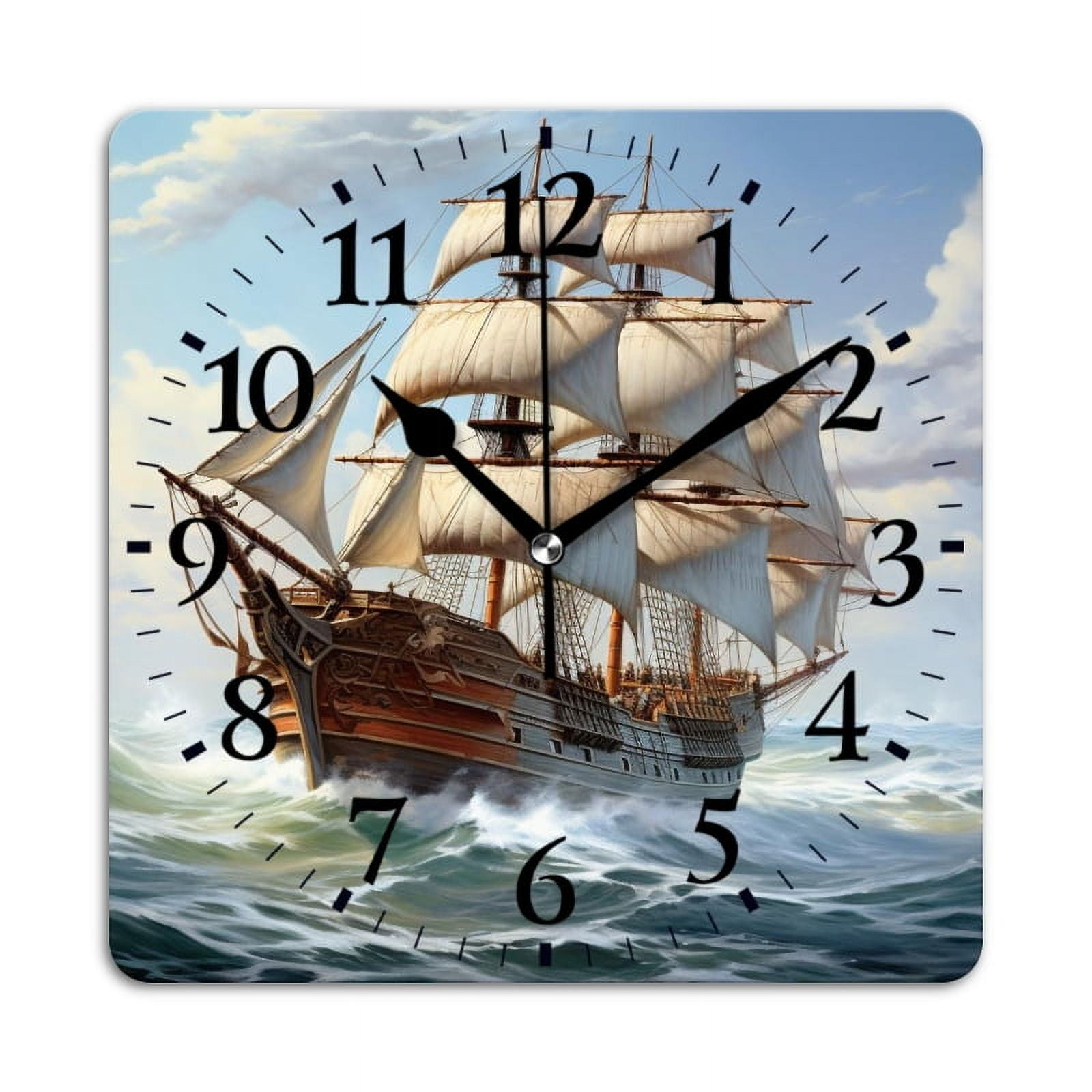 Square Wall Clock,Old Wooden Sailing Ship With White Sails On The Sea ...