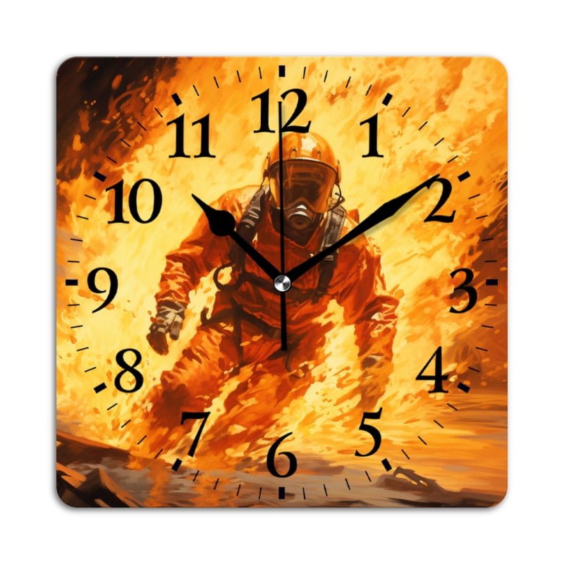 Square Wall Clock,Orange-Clad Firefighter Running Away From Fire,Silent ...