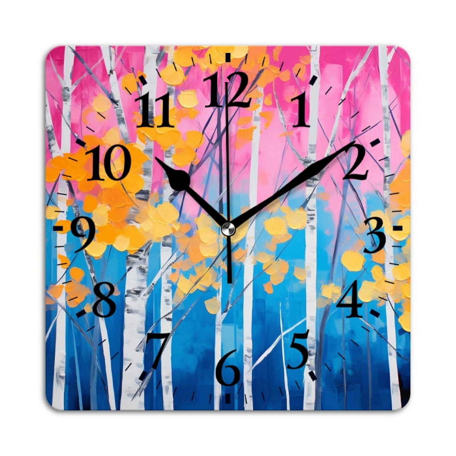 Square Wall Clock,Painting Of Birch Trees With Yellow Leaves On ...