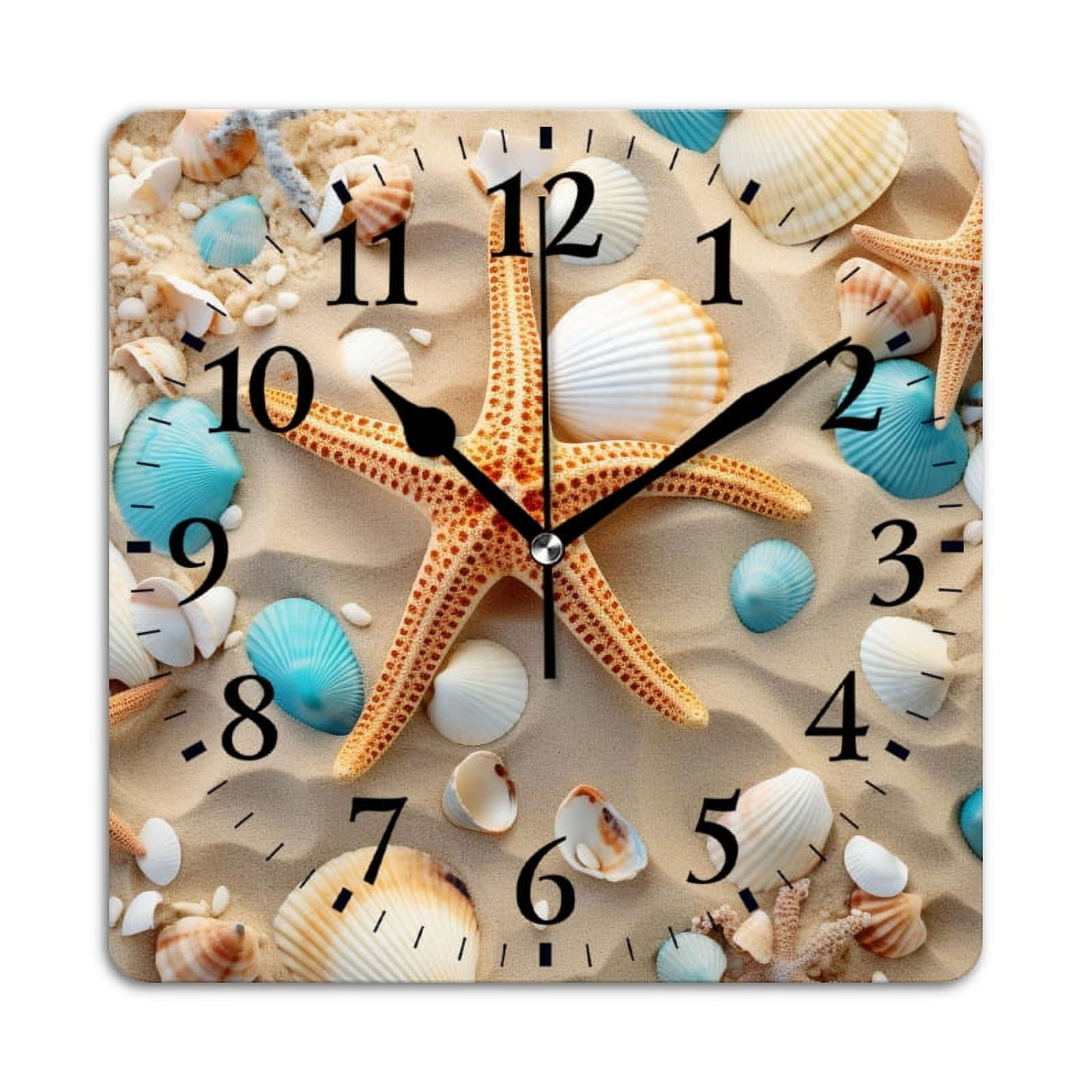 Square Wall Clock,Seashells And Starfish On Sandy BackgSquare With Blue ...