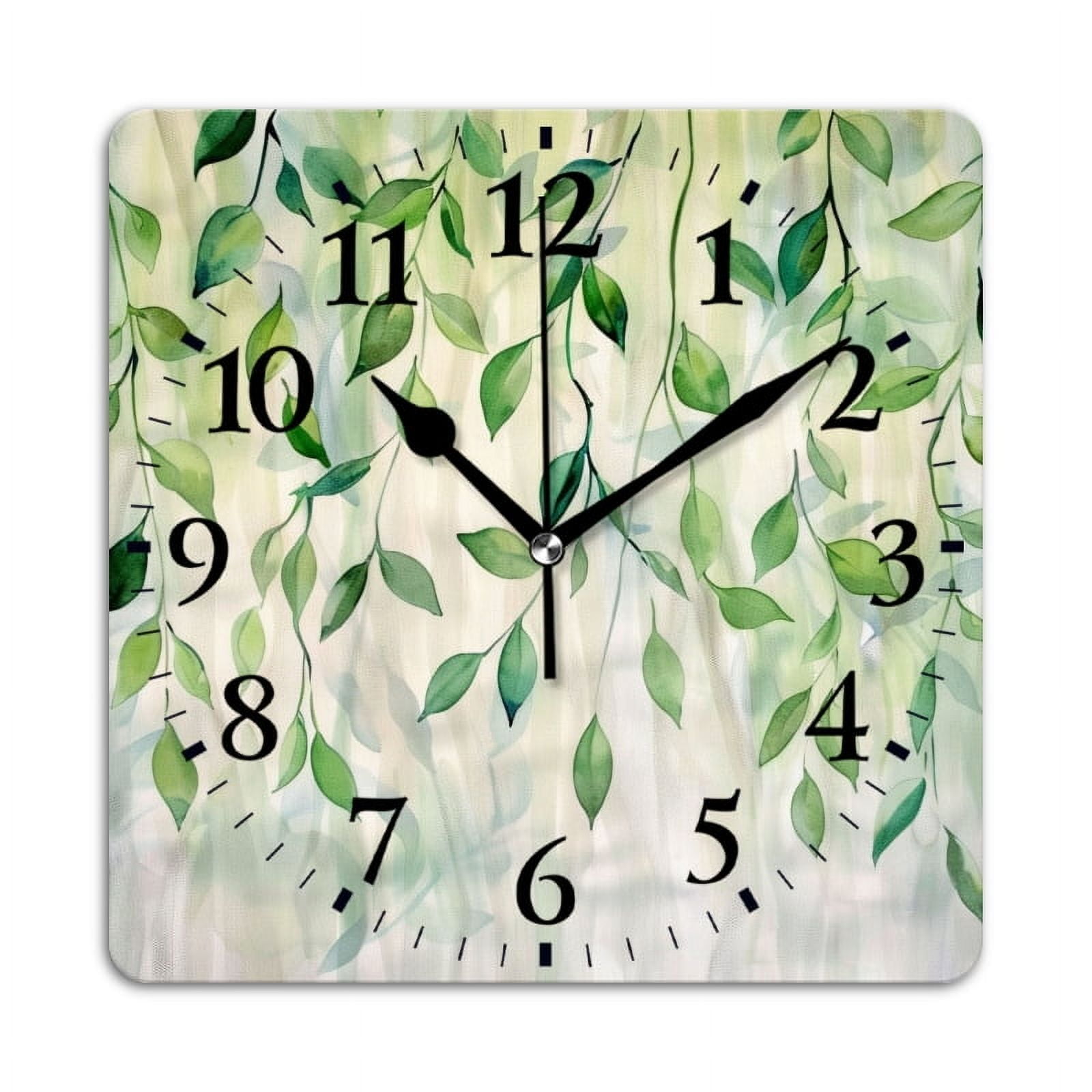 Square Wall Clock,Soft Watercolor Painting Of Hanging Green Leaves On ...