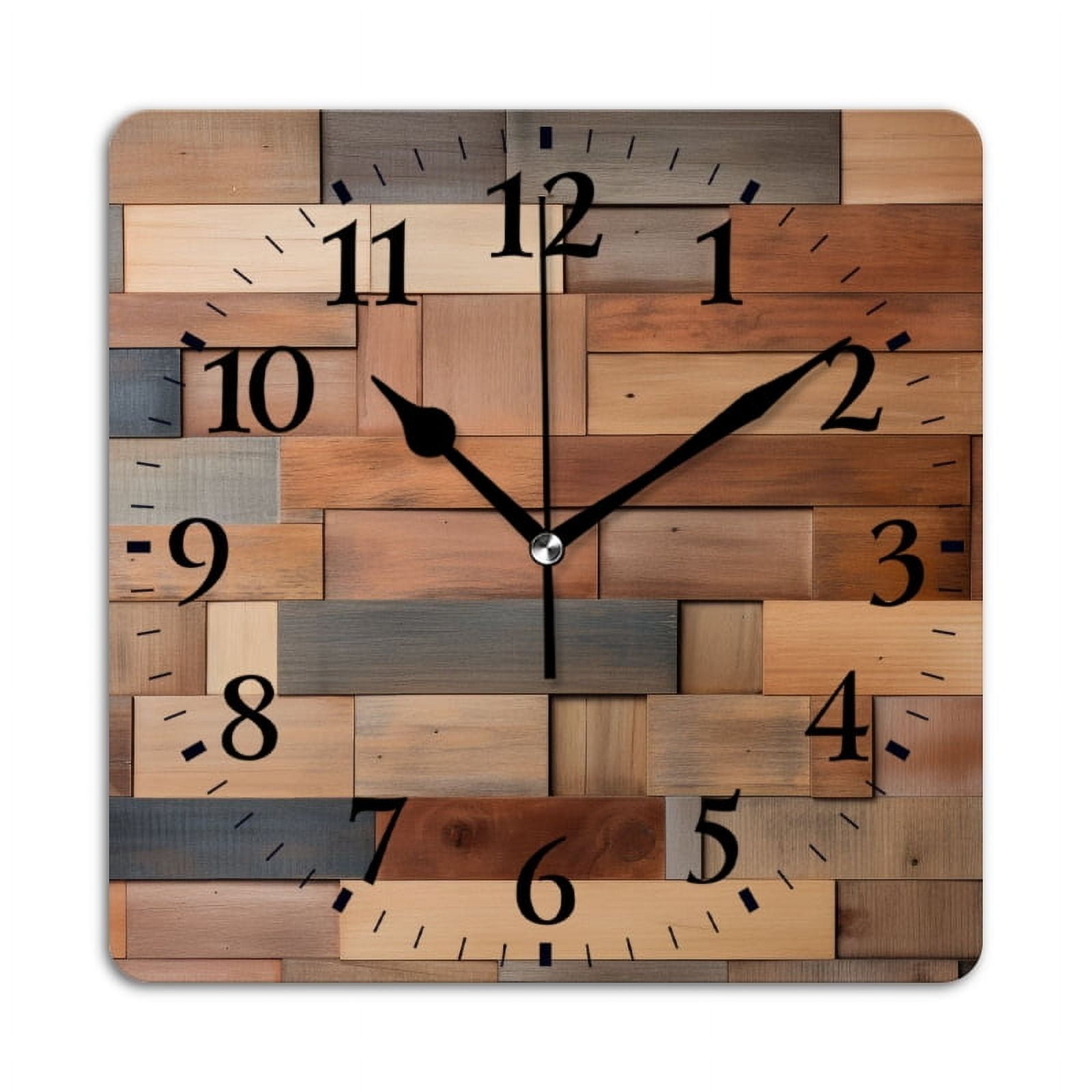 Square Wall Clock,Wall Made Of Different Wooden Blocks,Silent Non ...