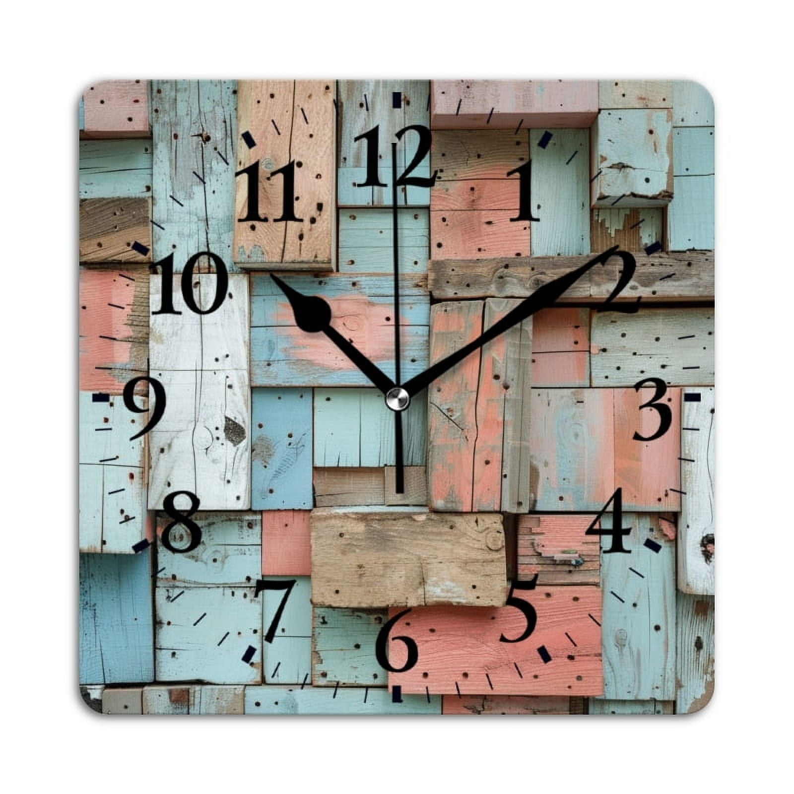 Square Wall Clock,Wall Made Of Pastel Wood Planks,Silent Non-Ticking ...