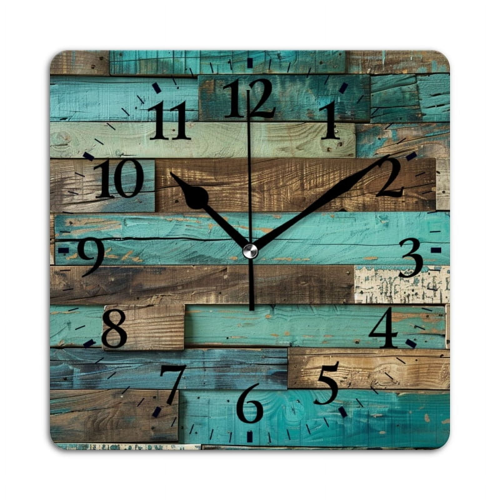 Square Wall Clock,Wall Of Rustic Wood With Weathered Distressed Teal ...