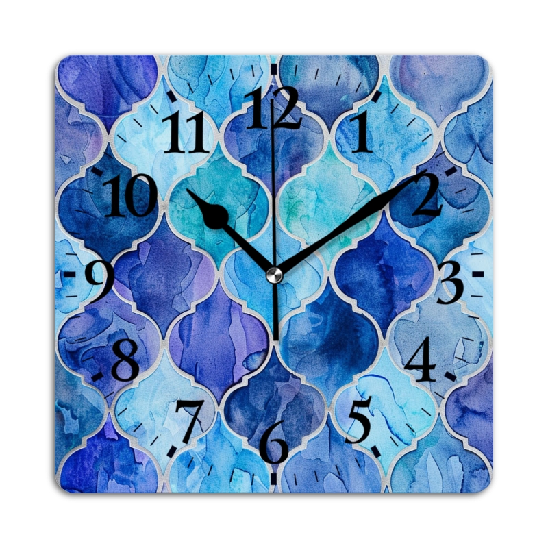Square Wall Clock,Watercolor Moroccan Tile Pattern Shades Of Blue And ...