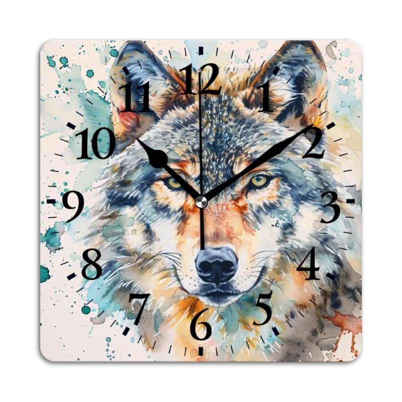 Square Wall Clock,Watercolor Wolf Face On White BackgSquare Splashes Of ...