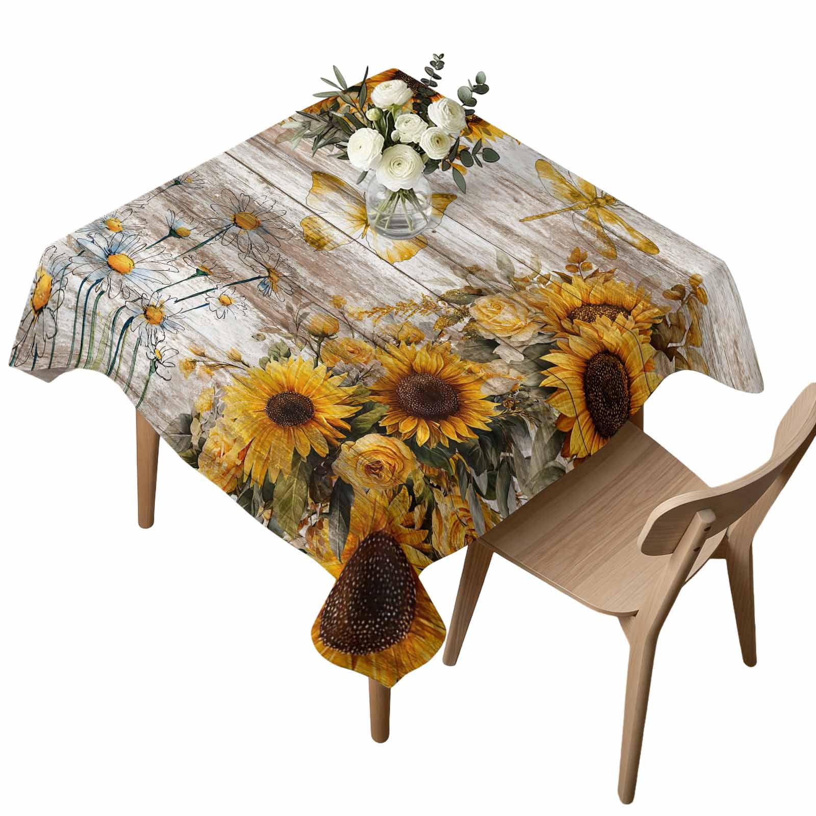 Square Waterproof Tablecloth 54x54in Farm Sunflower Daisy Leaves Table ...