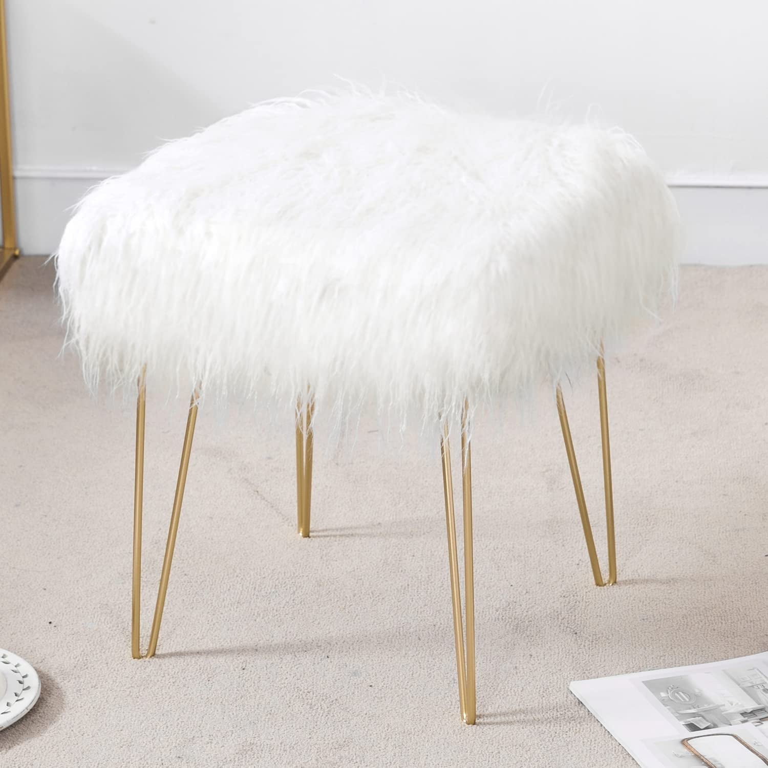 Square White Faux Fur Vanity Stool with Gold Legs - Vanity Chair - Soft ...