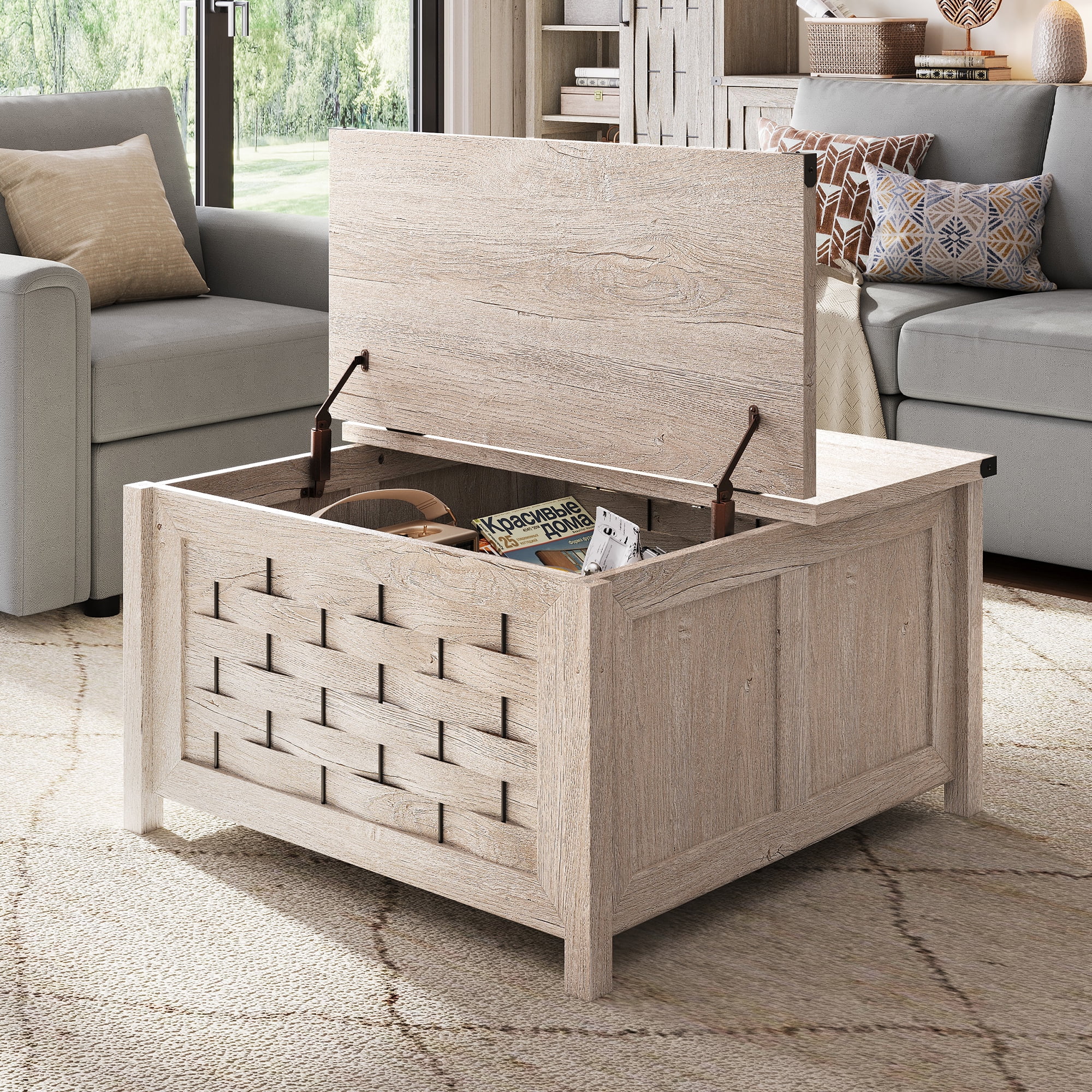 Linsy Home Square Wood Coffee Table with Hidden Large Storage ...