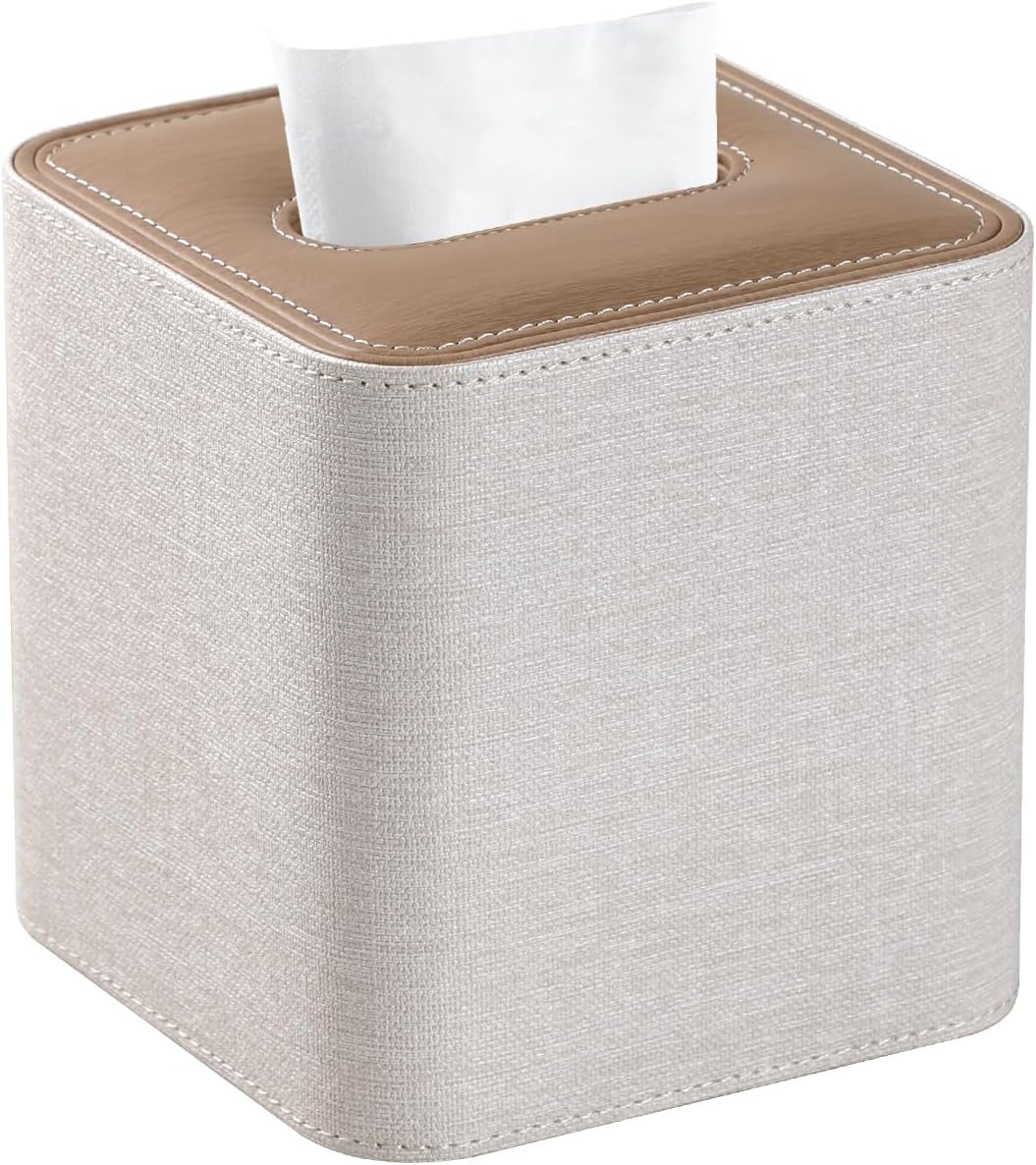 Square linen tissue box cover with magnetic closure, modern PU leather ...