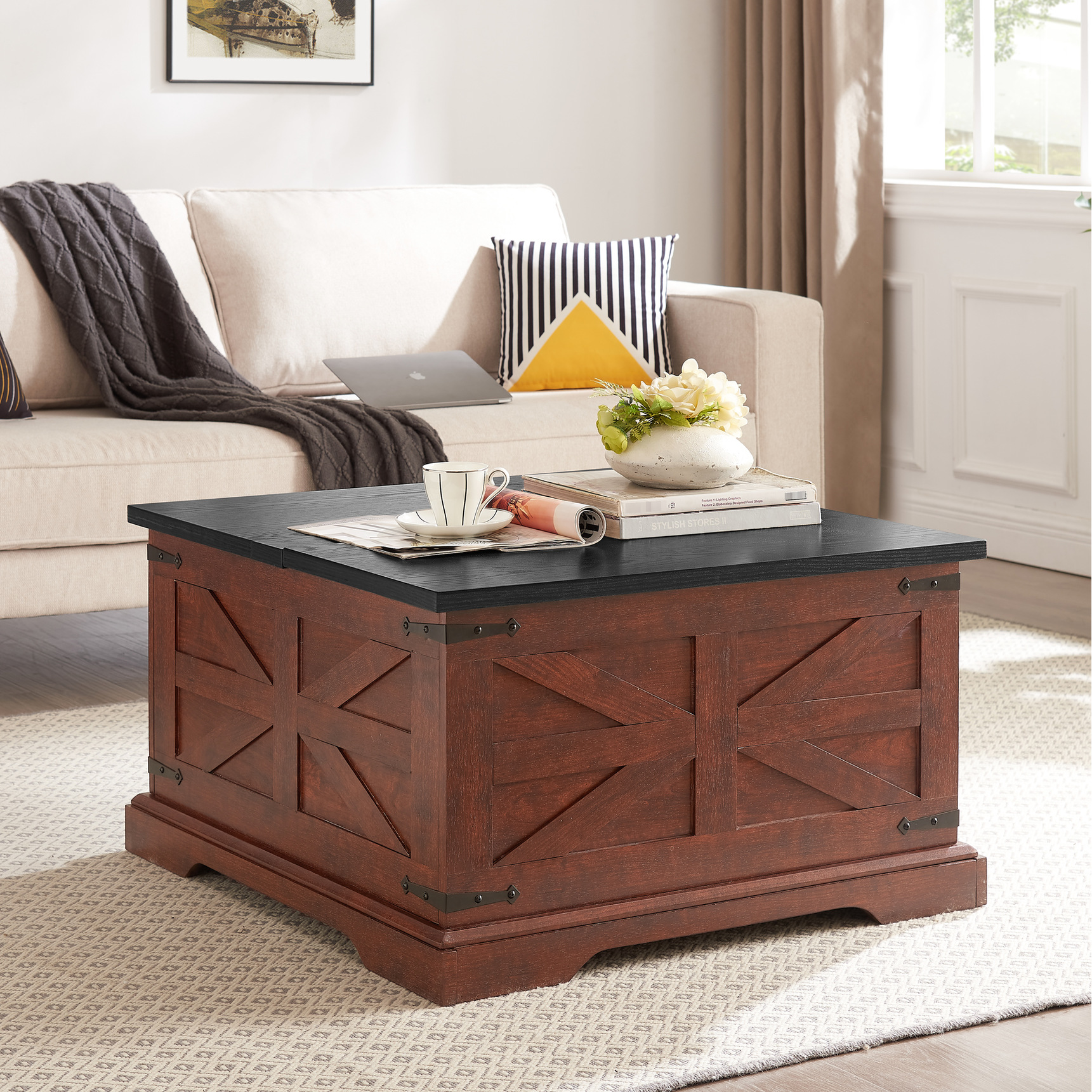 Square oak coffee table with barn panel design and storage for ...