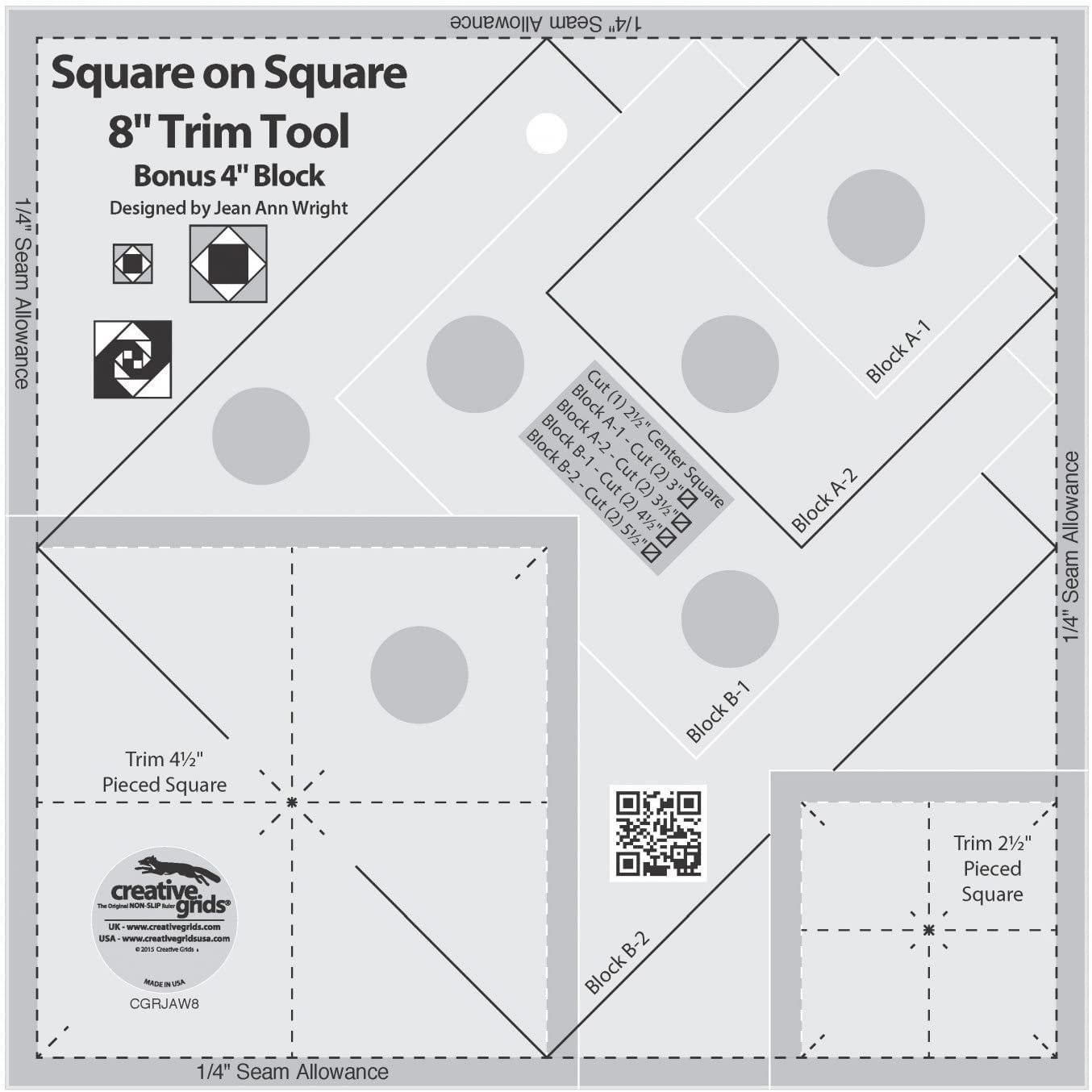 Creative Grids 8" Square on Square Trim Tool Quilting Ruler Template ...