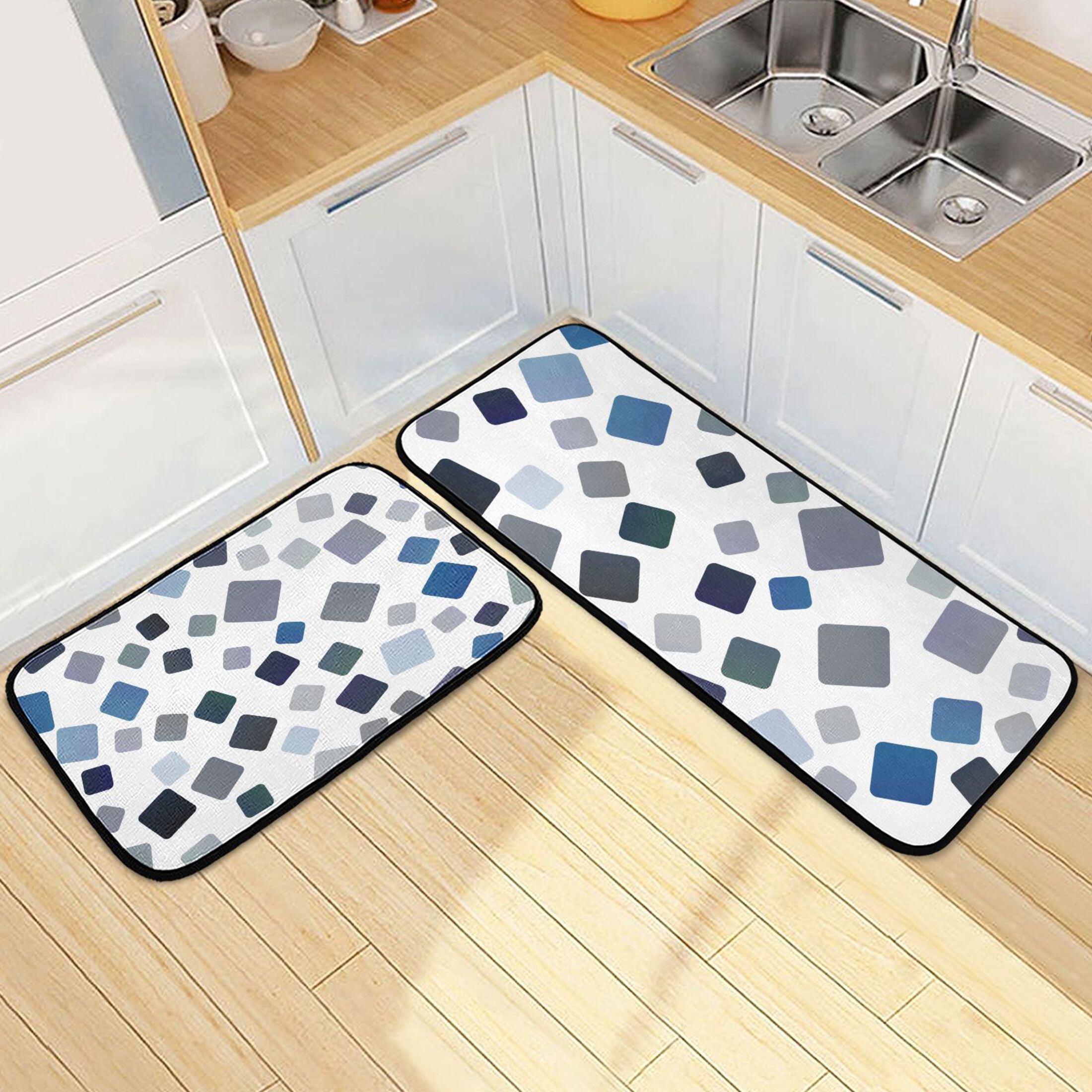 Squares with Blue Kitchen Rugs Set of 2 Non Slip Floor Foam Mat ...