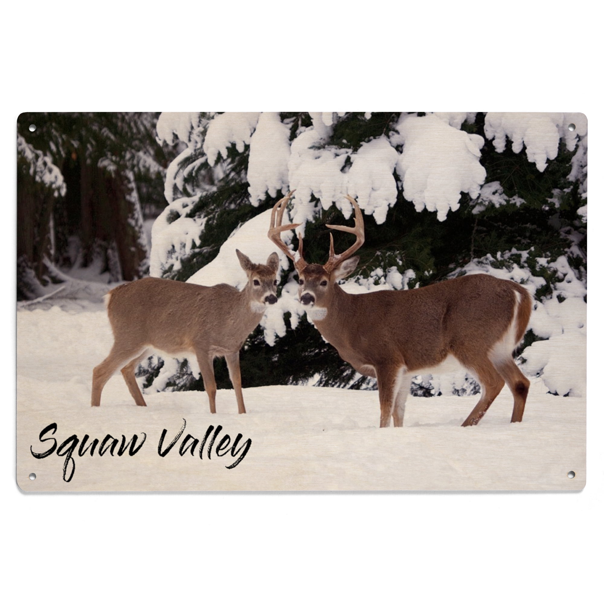 Squaw Valley, California, White Tail Buck and Doe Birch Wood Wall Sign ...
