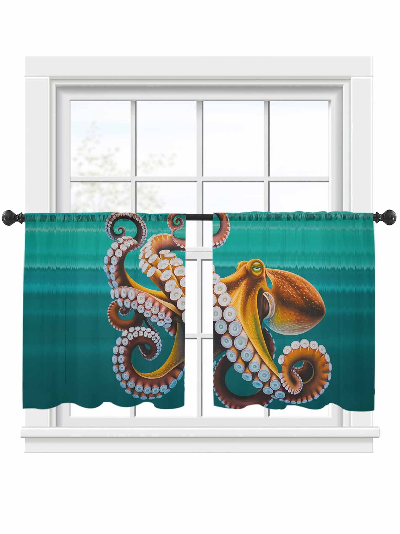 Squid Marine Life Sheer Curtains 54 Inch Long 2 Panels, Teal Green ...