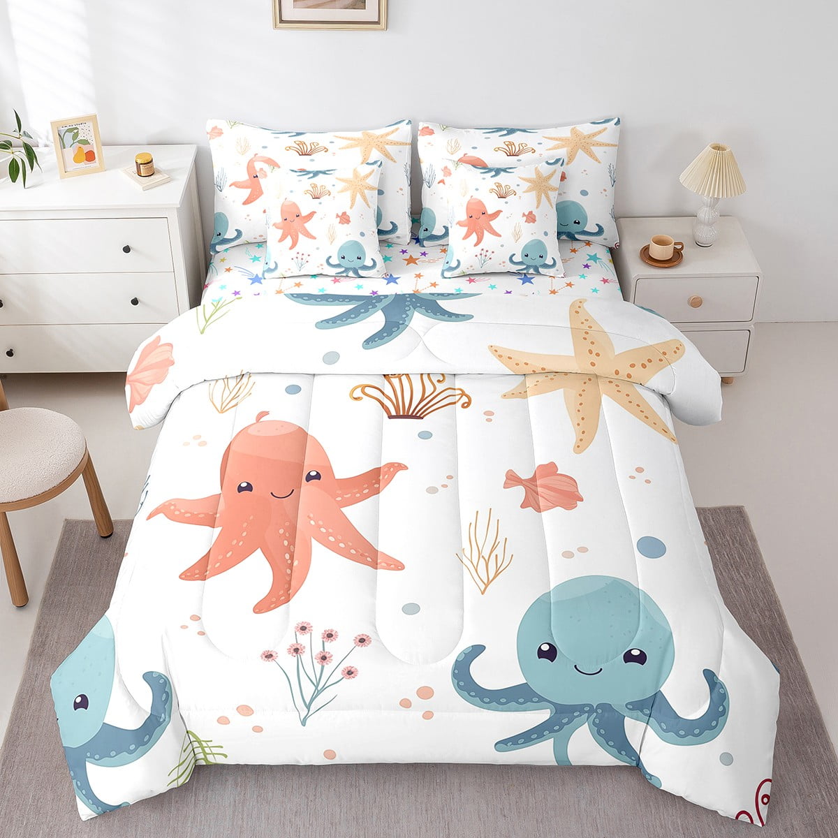 Squid Octopus Comforter Set King,Ocean Life Sea Animal Bedding Set for ...